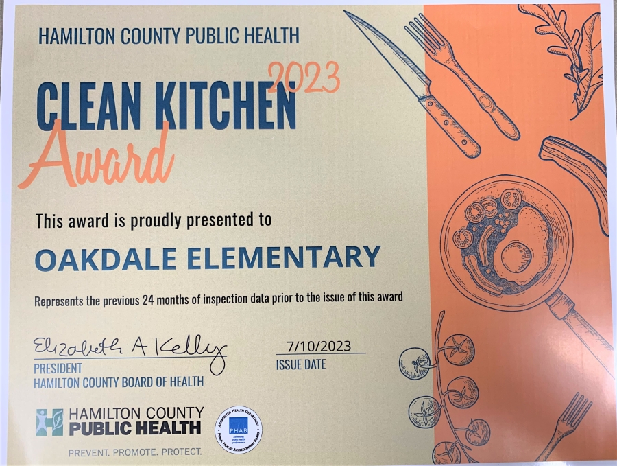 Oakdale Elementary wins 'Clean Kitchen Award' from HamCo Public Health